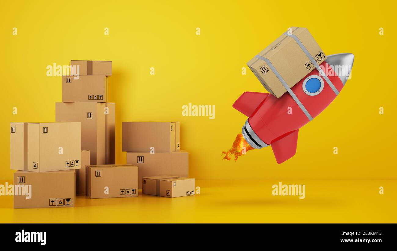 Rocket with attached package is ready to start. Concept of fast and ...