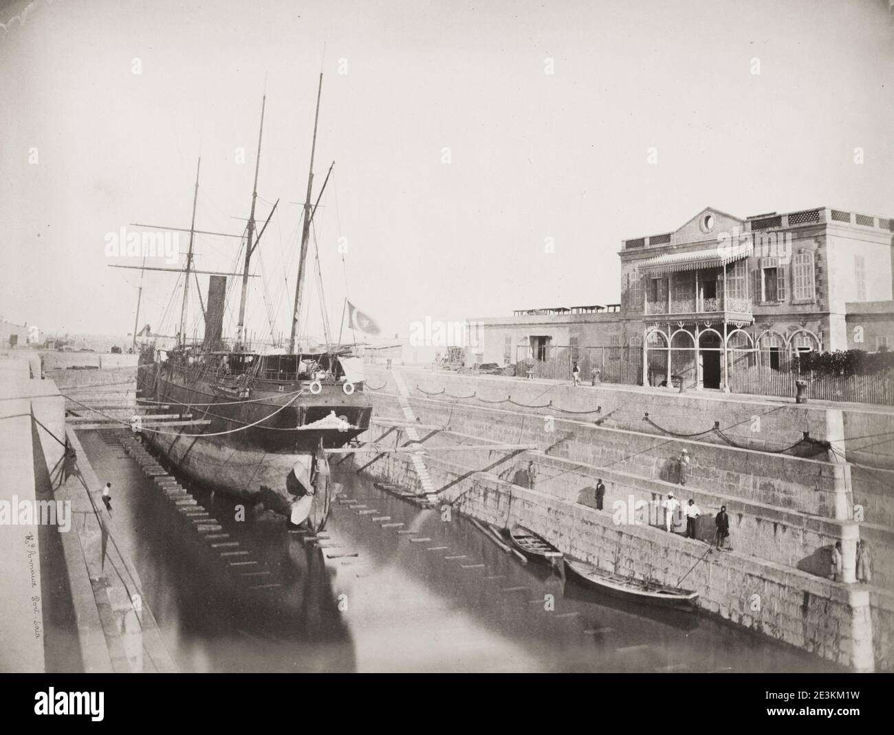 Vintage 19th century photograph: ship in dry dock, Egypt, probably on ...