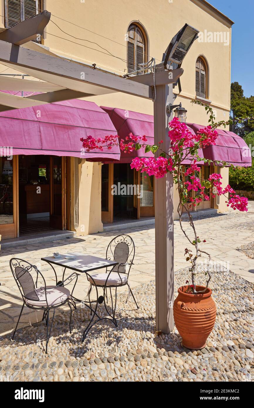 Traditional greek street cafe with flowers. Empty tables and chairs of ...