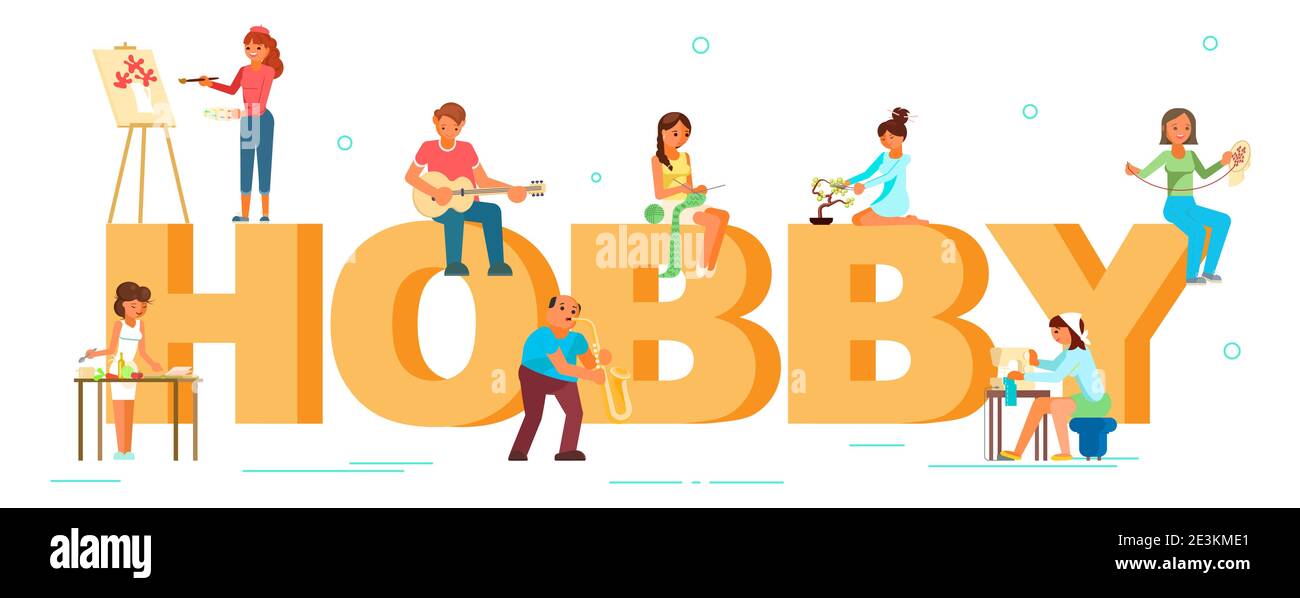 Hobby typography banner template. People enjoying their hobbies, flat ...