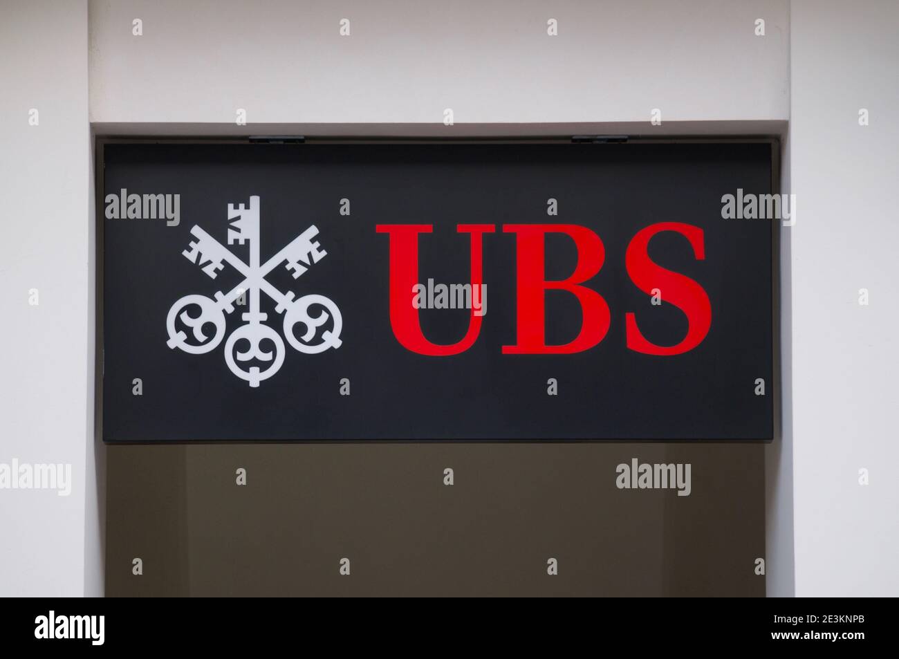 Lugano, Ticino, Switzerland - 12th January 2021 : UBS Bank logo sign ...