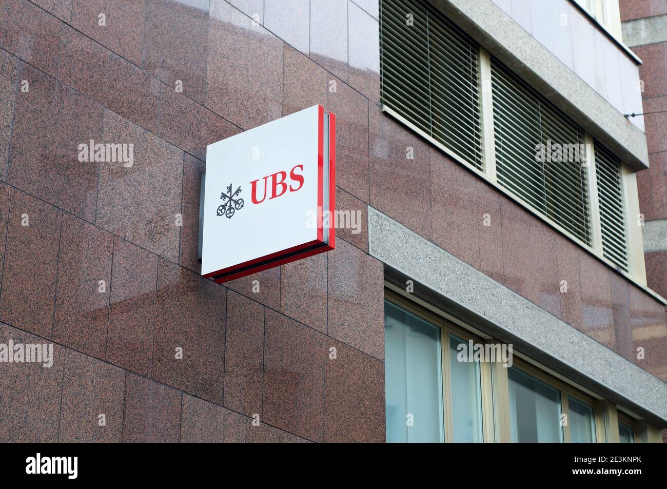 Lugano, Ticino, Switzerland - 12th January 2021 : UBS Bank logo sign hanging on a building ...