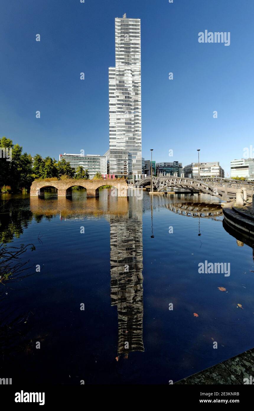 Cologne, Germany - September 6, 2016: view across the mediapark lake to ...