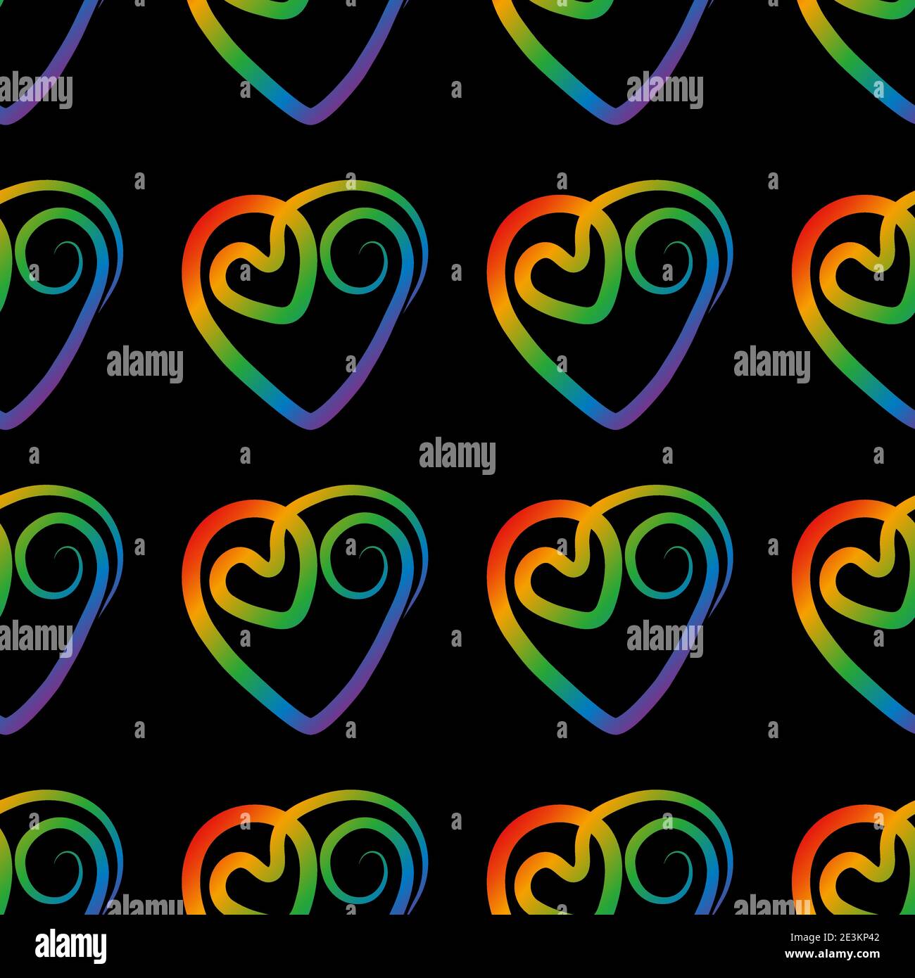 Hippie style.Pattern of rainbow hearts on a black background. Bright ...