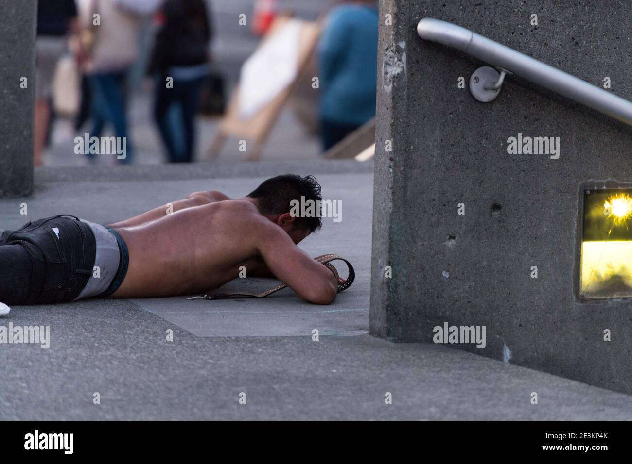 Seattle, USA - Jun 14, 2019. Late in the day a man suffering the ...