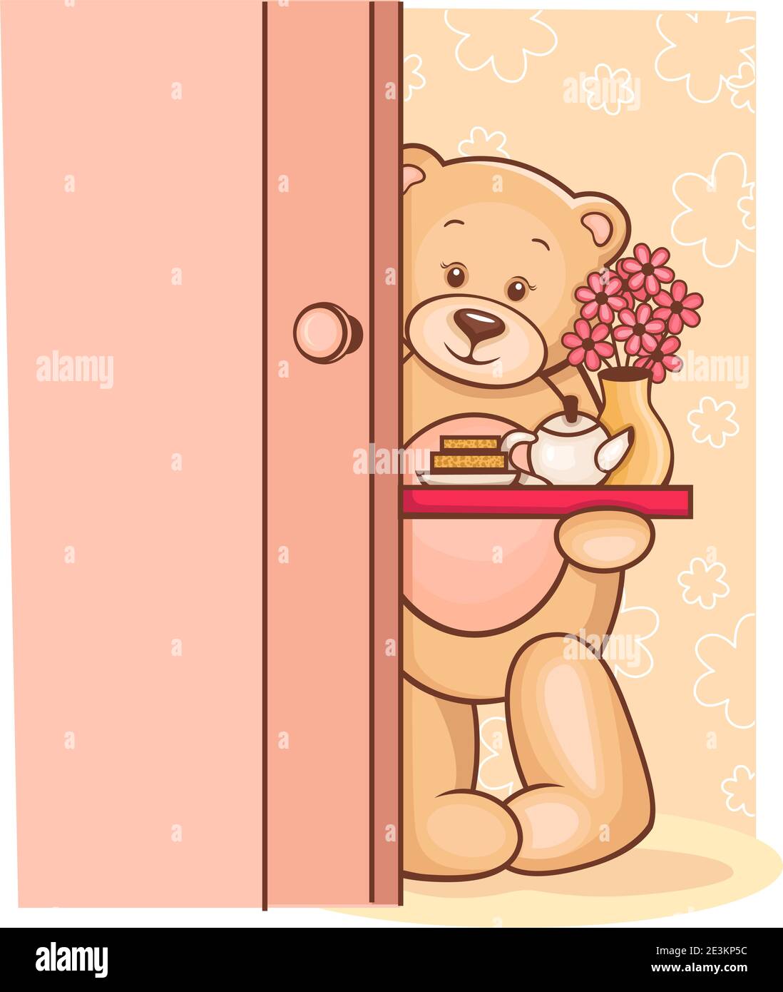 Illustration of cute Teddy Bear holding a breakfast tray with flowers ...
