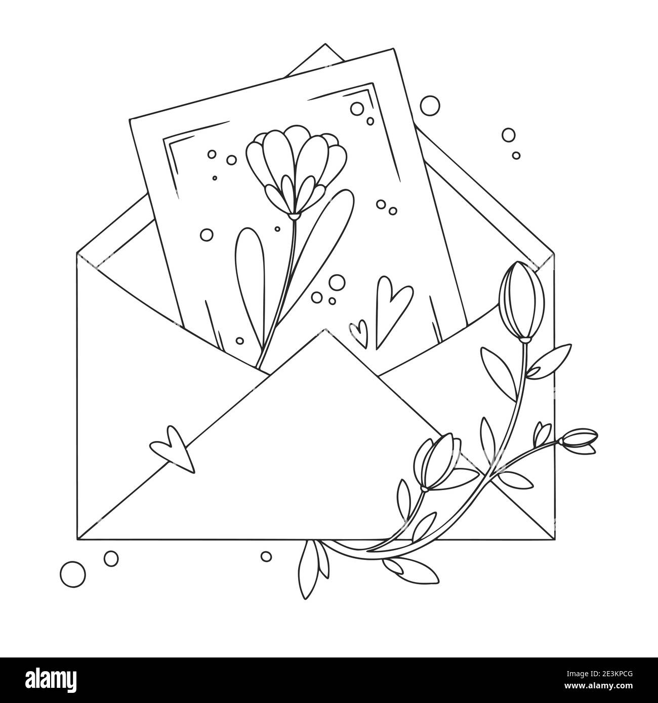 Envelope with postcard, flowers and hearts. Holiday package. Vector ...