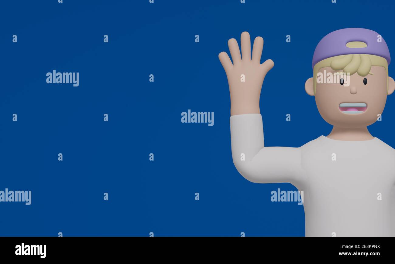 3d character, young man waving, guy on blue color background doing ...