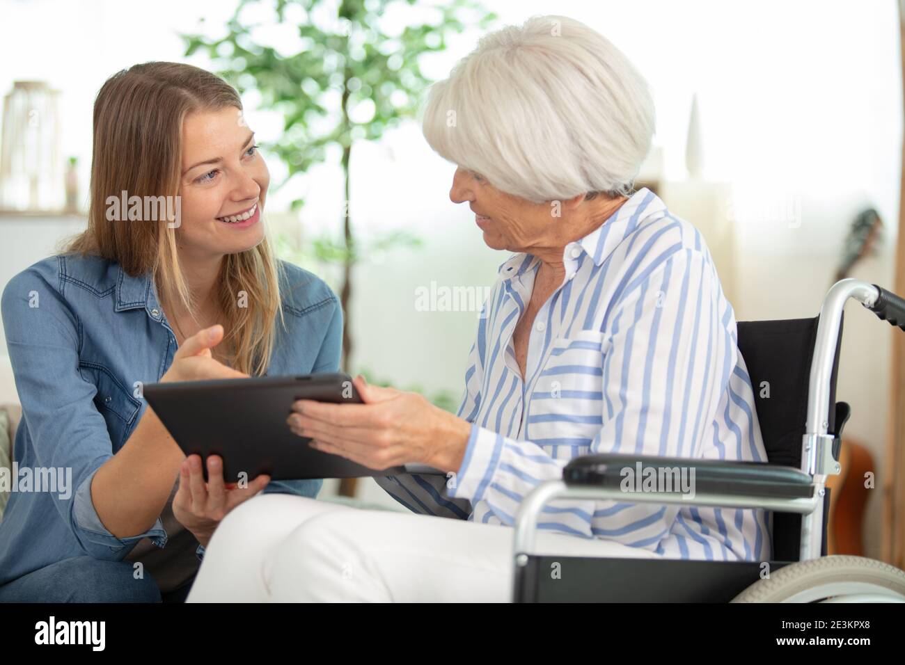lady helping disabled woman to use a tablet Stock Photo - Alamy