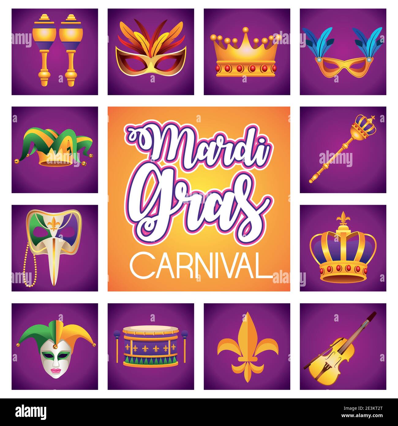 mardi gras carnival lettering with twelve set icons vector illustration ...