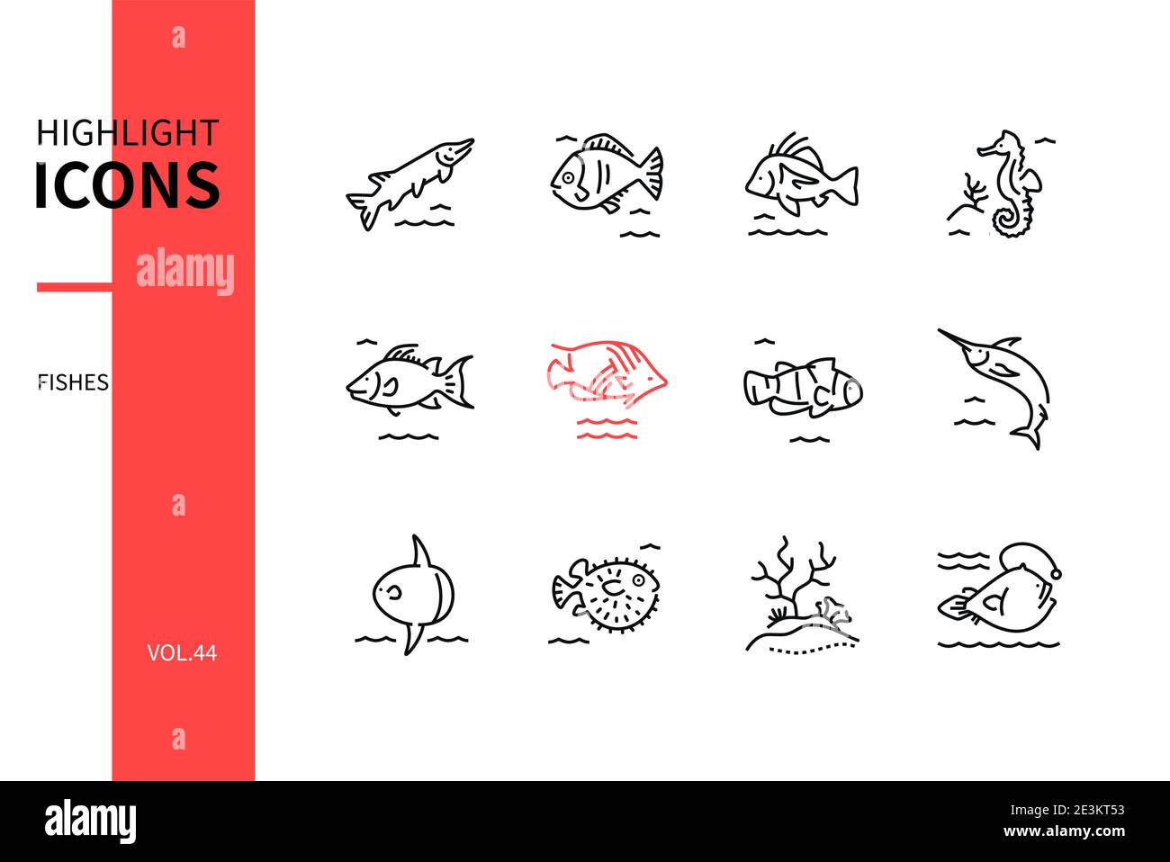Fish species - modern line design style icons set. Black and white ...