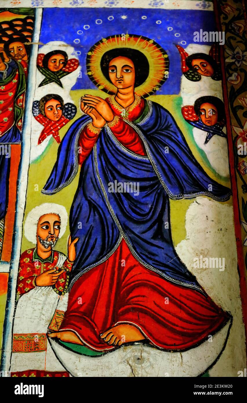 A brightly-coloured painting in the Azewa Maraim Monastery on Lake Tana ...