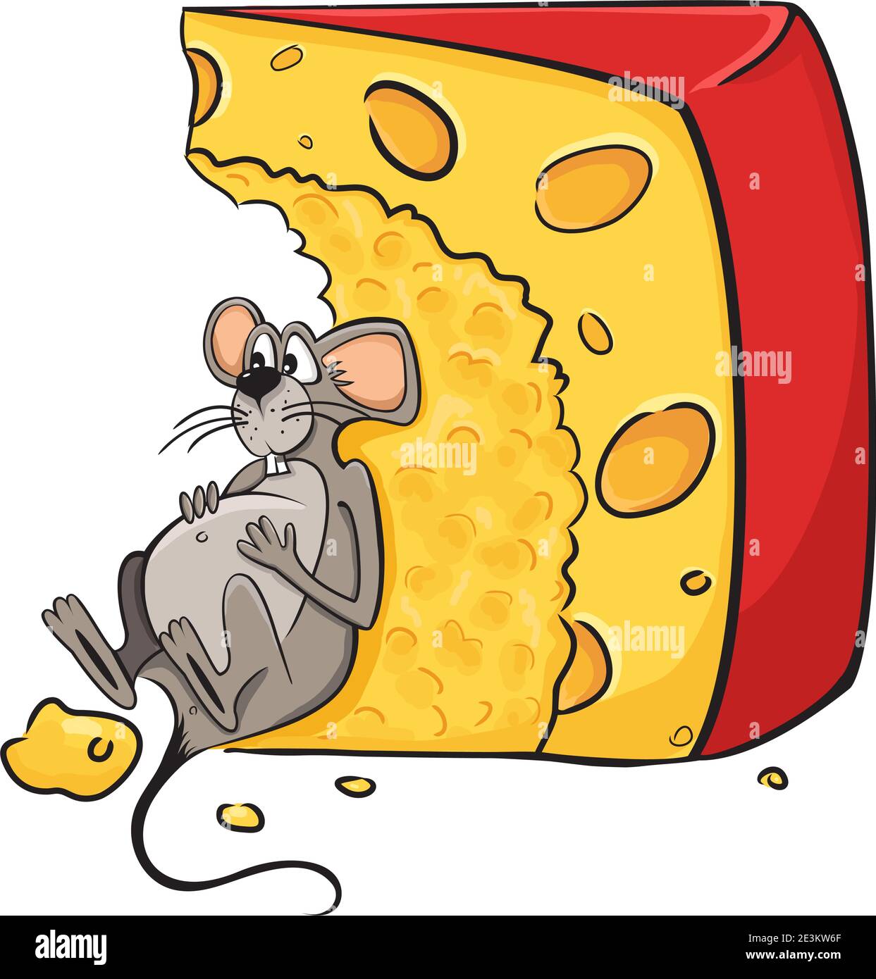 Funny cartoon illustration of mouse-guzzler lies next to the cheese ...
