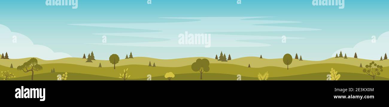 Beautiful fields landscape with a green hills, trees, bushes. Rural ...