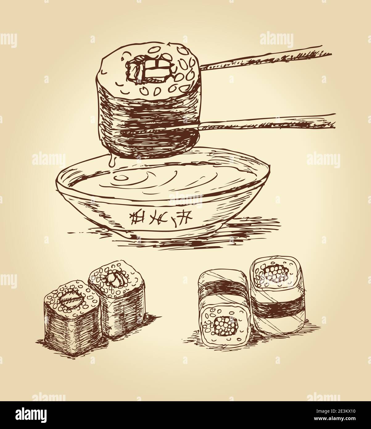 Set of hand drawn sushi isolated over white bachkground, vector ...