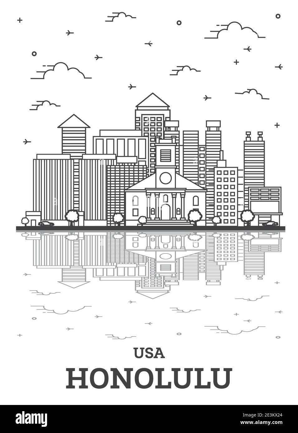 Outline Honolulu Hawaii USA City Skyline with Modern Buildings and ...