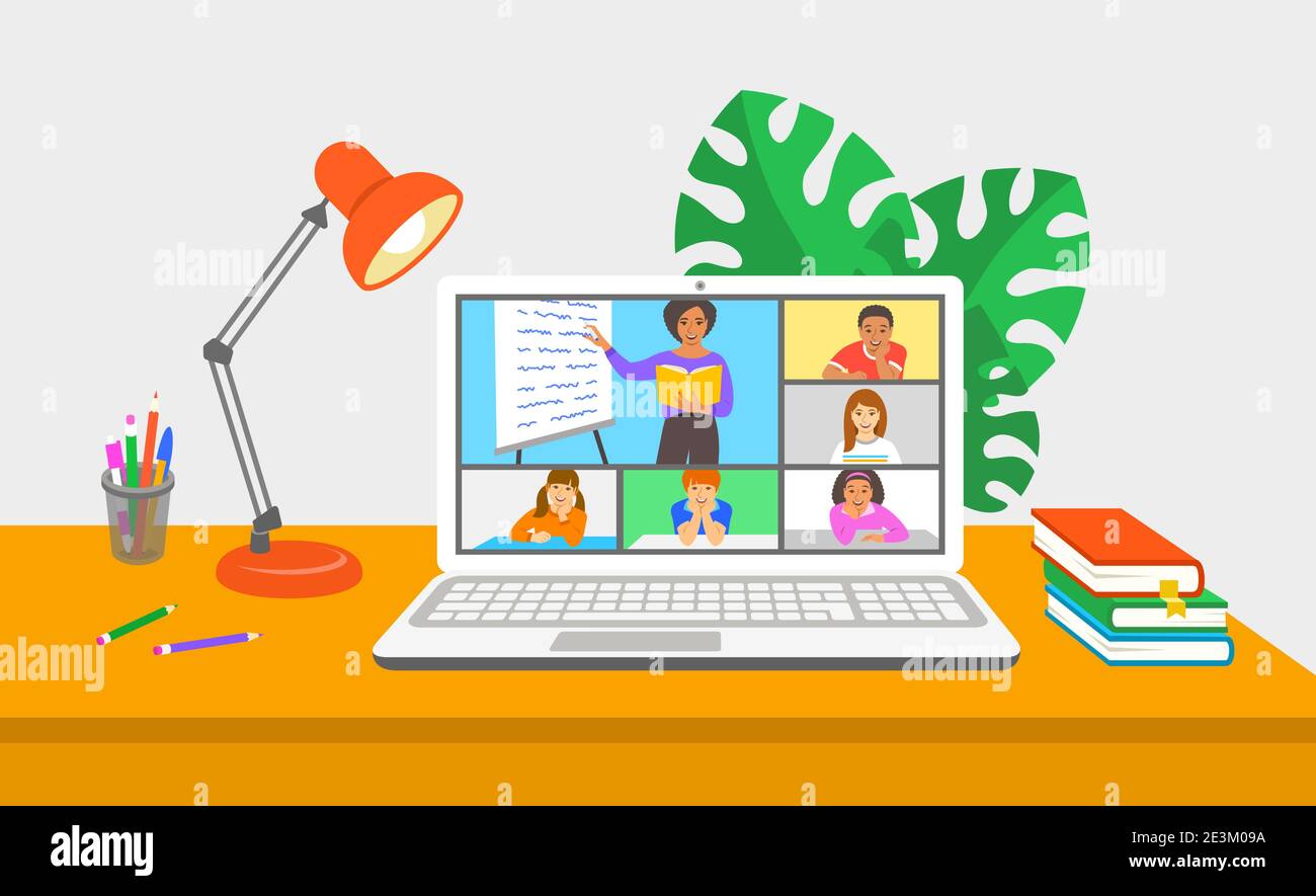 Virtual class online school distance learning teleconference. Kids stay ...