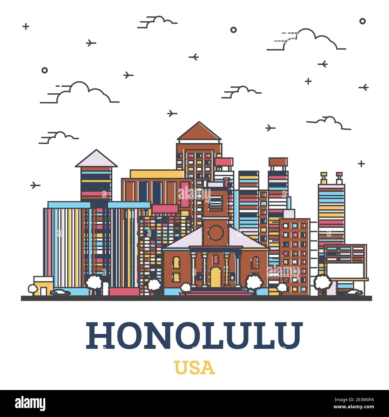 Outline Honolulu Hawaii USA City Skyline with Colored Modern Buildings ...