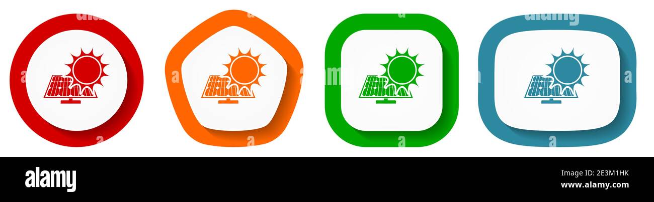 Sun over solar panel vector icon set, flat design buttons on white ...