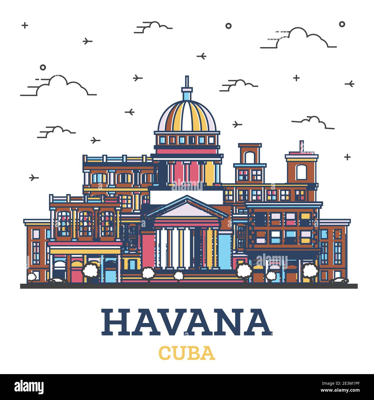 Outline Havana Cuba City Skyline with Colored Historic Buildings ...