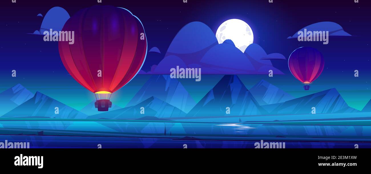 Air balloons flying at night sky with full moon and clouds on mountains ...