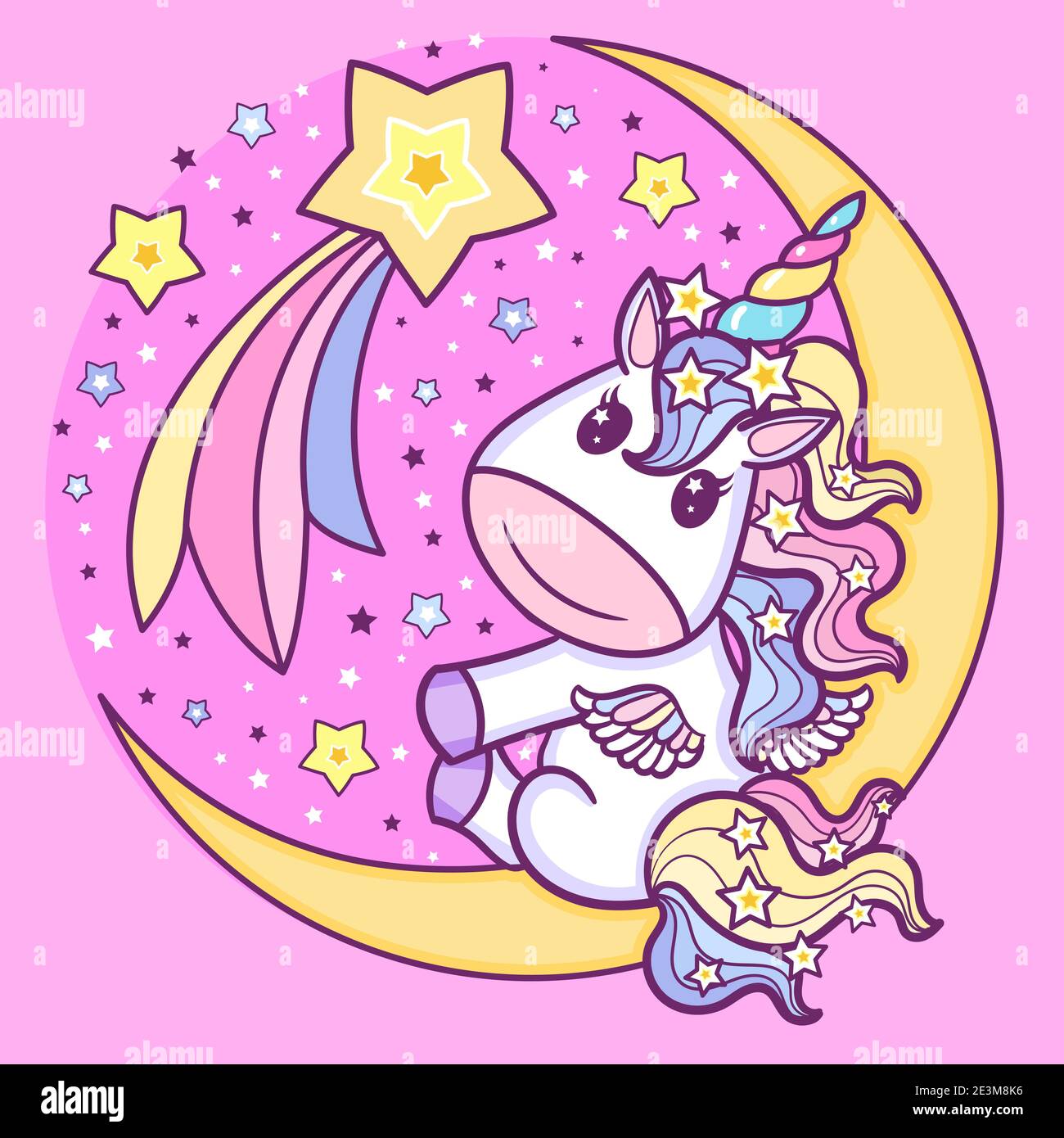 Cute unicorn with a rainbow mane on the moon. Childish fantasy animal ...