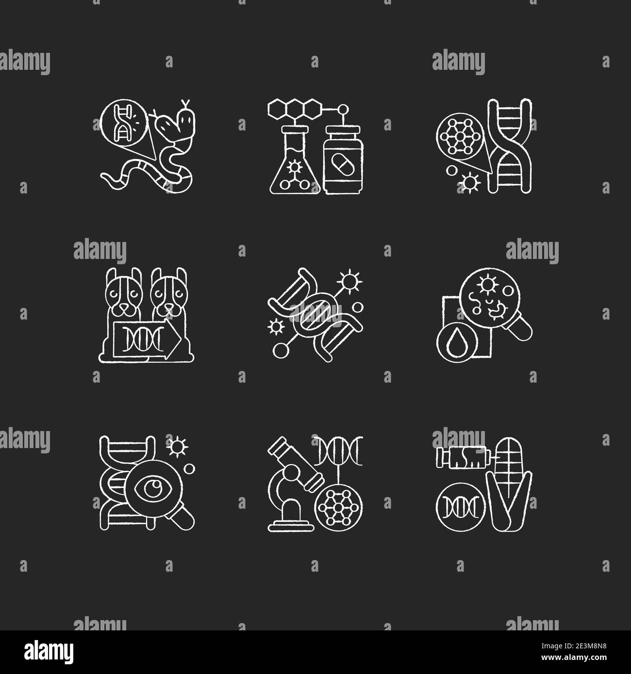 DNA structure experiment chalk white icons set on black background ... DNA structure experiment chalk white icons set on black background ...