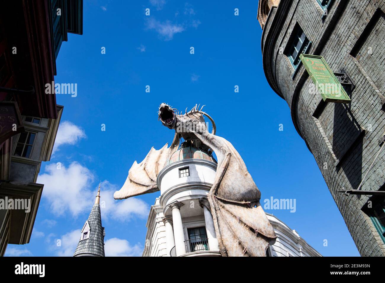 Orlando, FL. The Dragon on top of the Escape from Gringotts Bank ride ...