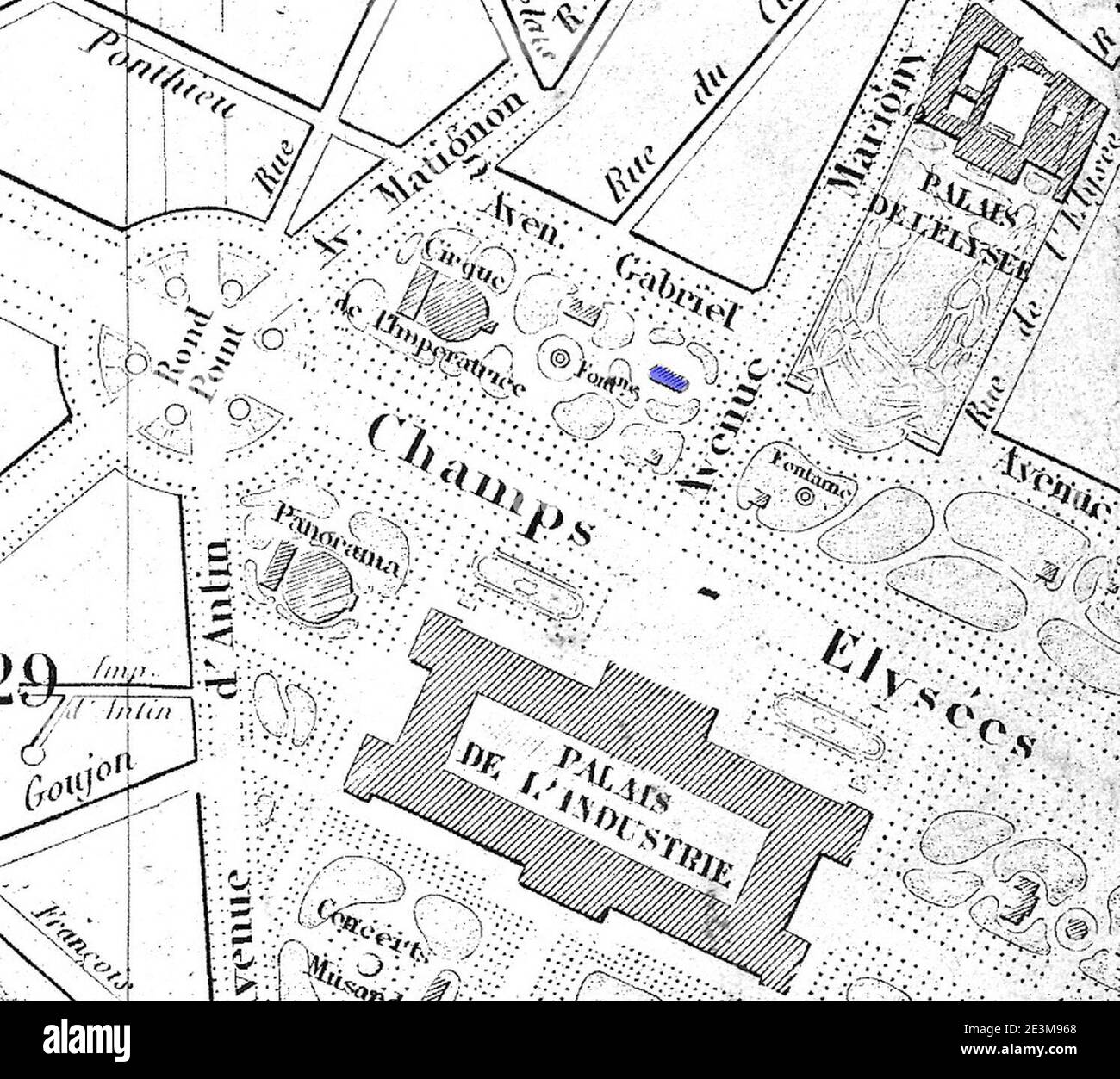 Map with the Salle Lacaze (blue) on the Carré Marigny of the Champs ...