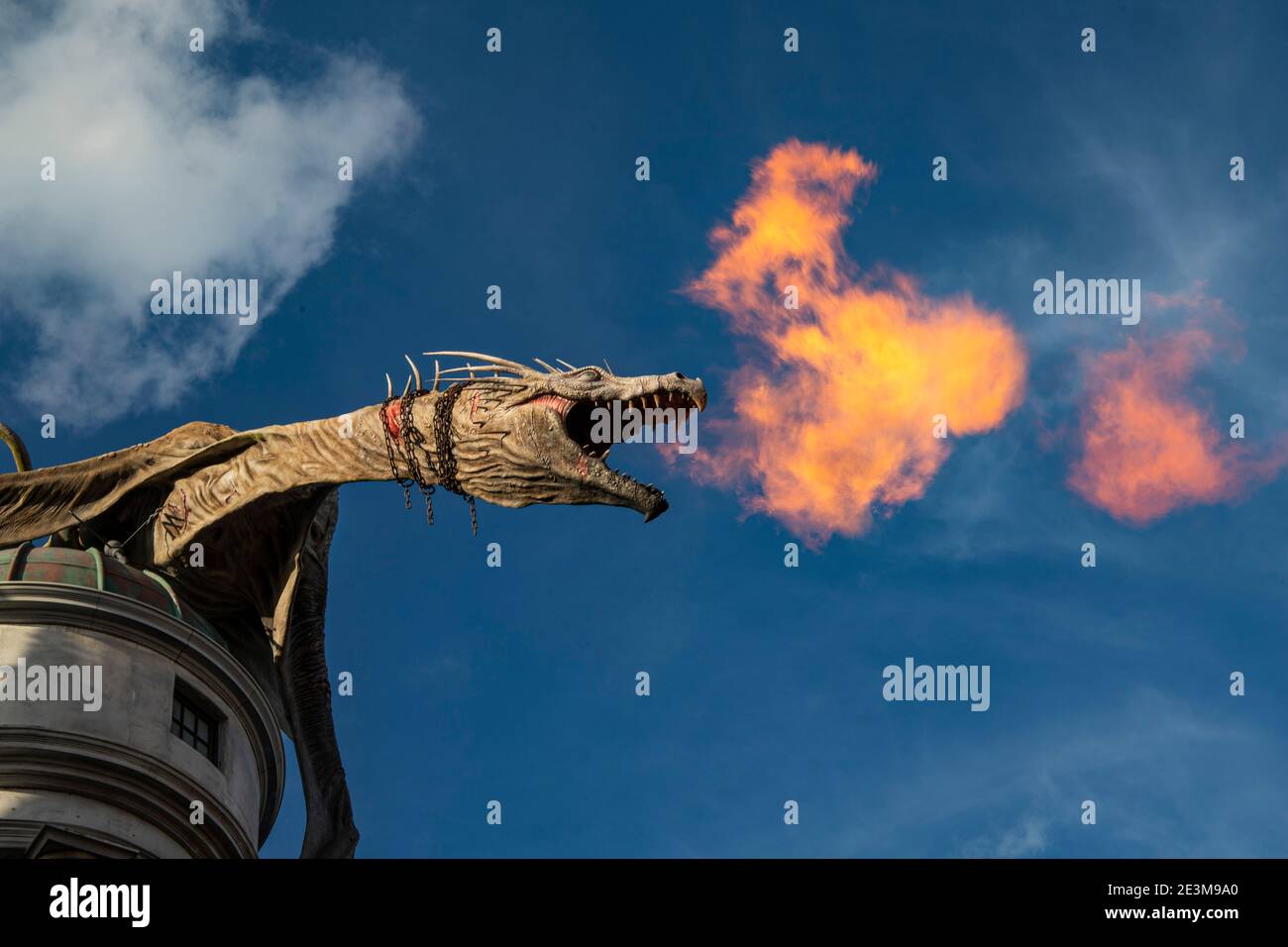 Orlando, FL. Dragon spits fire, Escape from Gringotts Bank ride ...