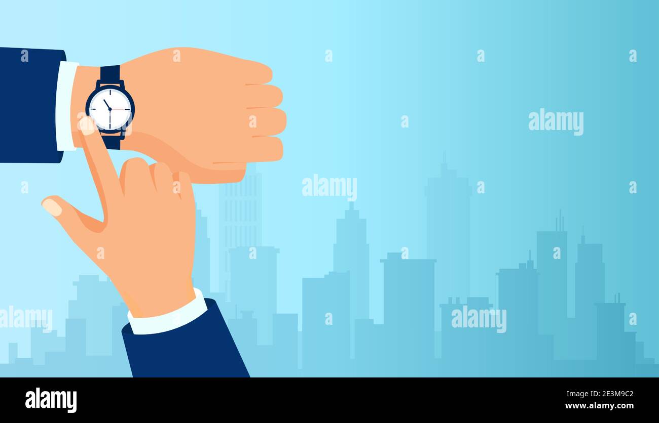 Vector of a businessman hand checking time on a cityscape background ...