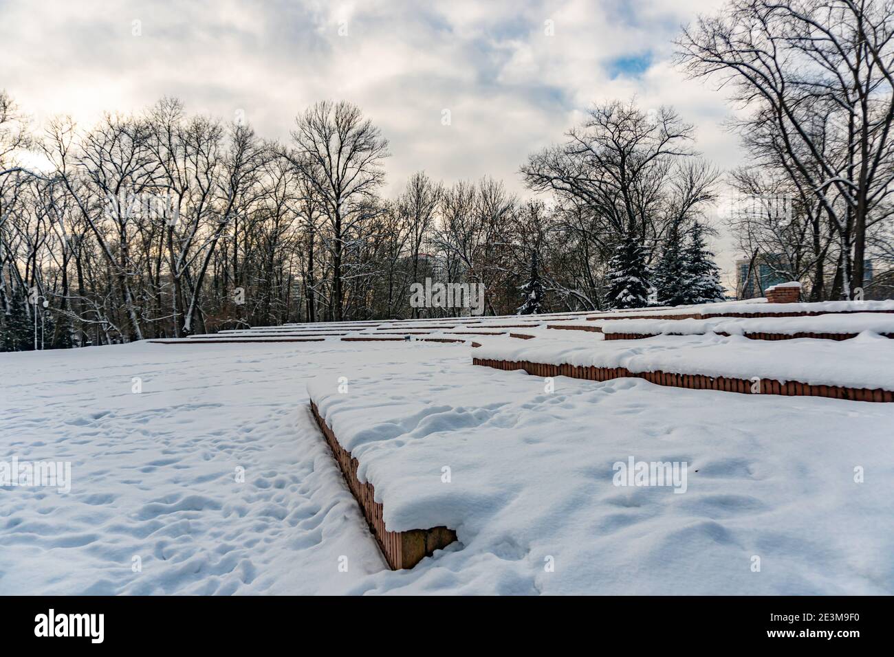 Summer amphitheater under the snow, concert area in winter, Belarus ...