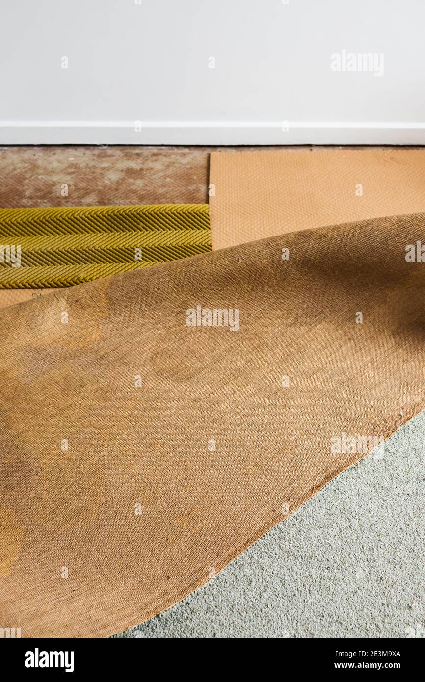 home improvement and DIY concept, ripping up the carpet and underlay ...