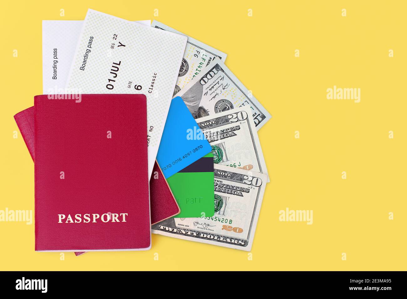 Passport, boarding pass, flight ticket, cash money currency, us dollars ...