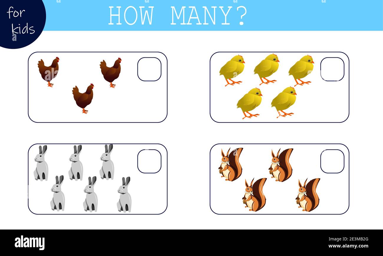 Math game for kids count the animals. Chicken, chicken, hare, squirrel ...
