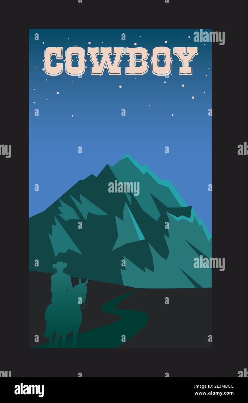 cowboy lettering in wild west scene with mountain vector illustration ...