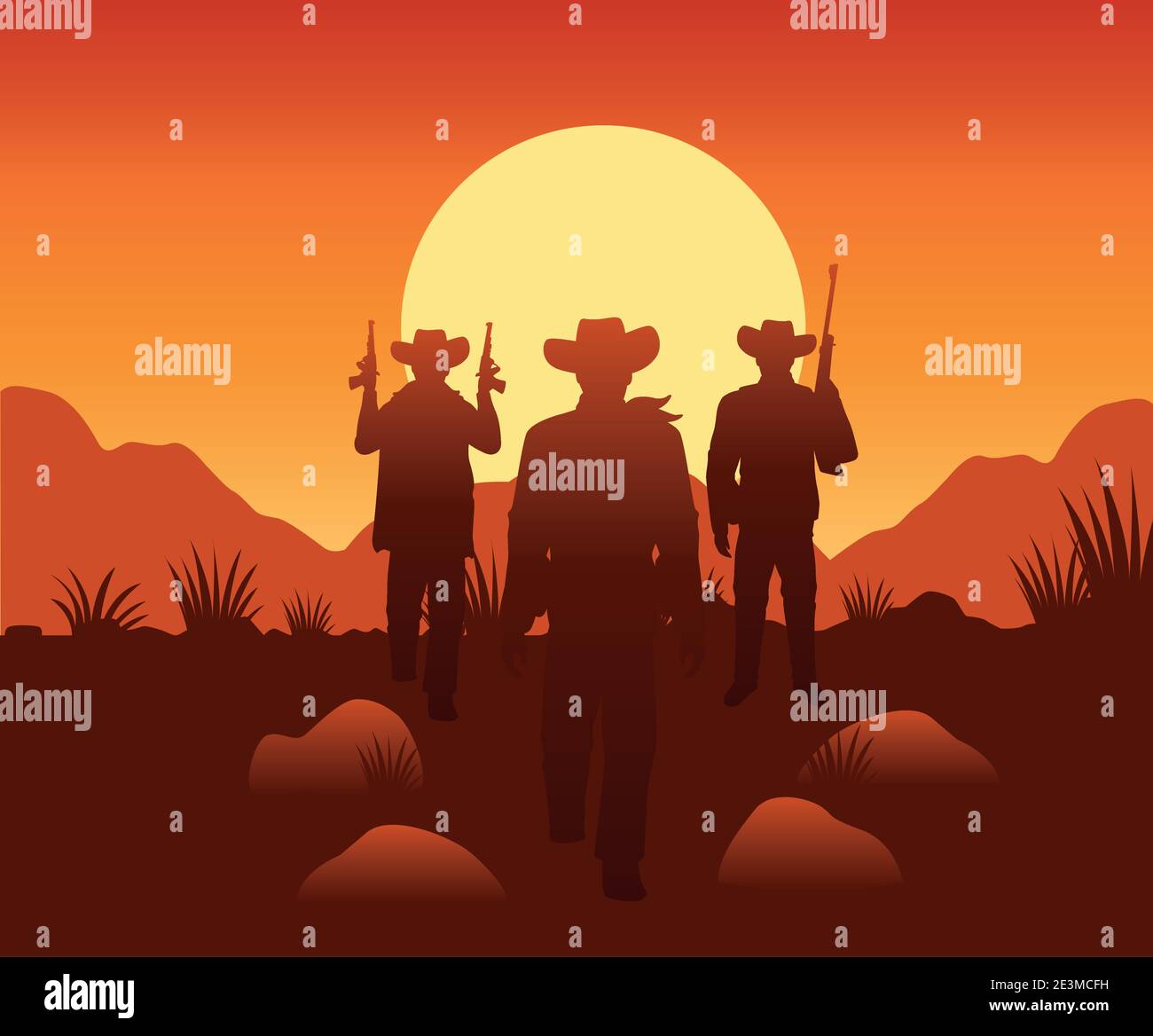 wild west sunset desert scene with cowboys and guns vector illustration ...