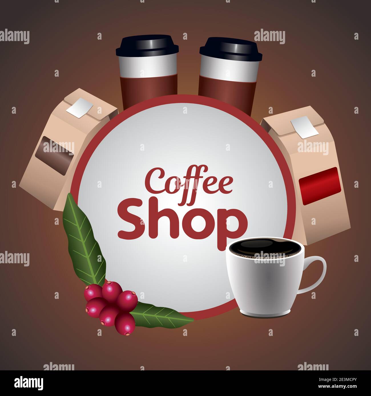 coffee shop lettering with pots and packing boxes in circular frame ...