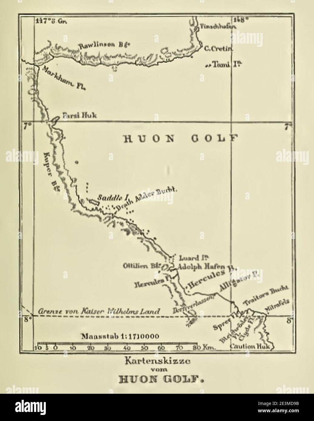 Map of Huon Gulf from Samoafahrten by Otto Finsch Stock Photo - Alamy