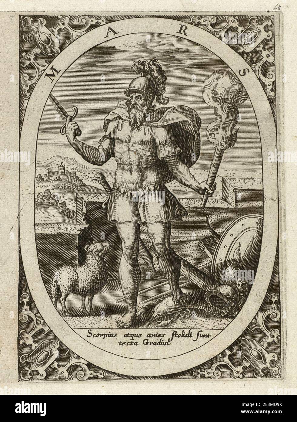 Mars, staand in een ovaal. Achter hem in een landschap een kasteel en ...