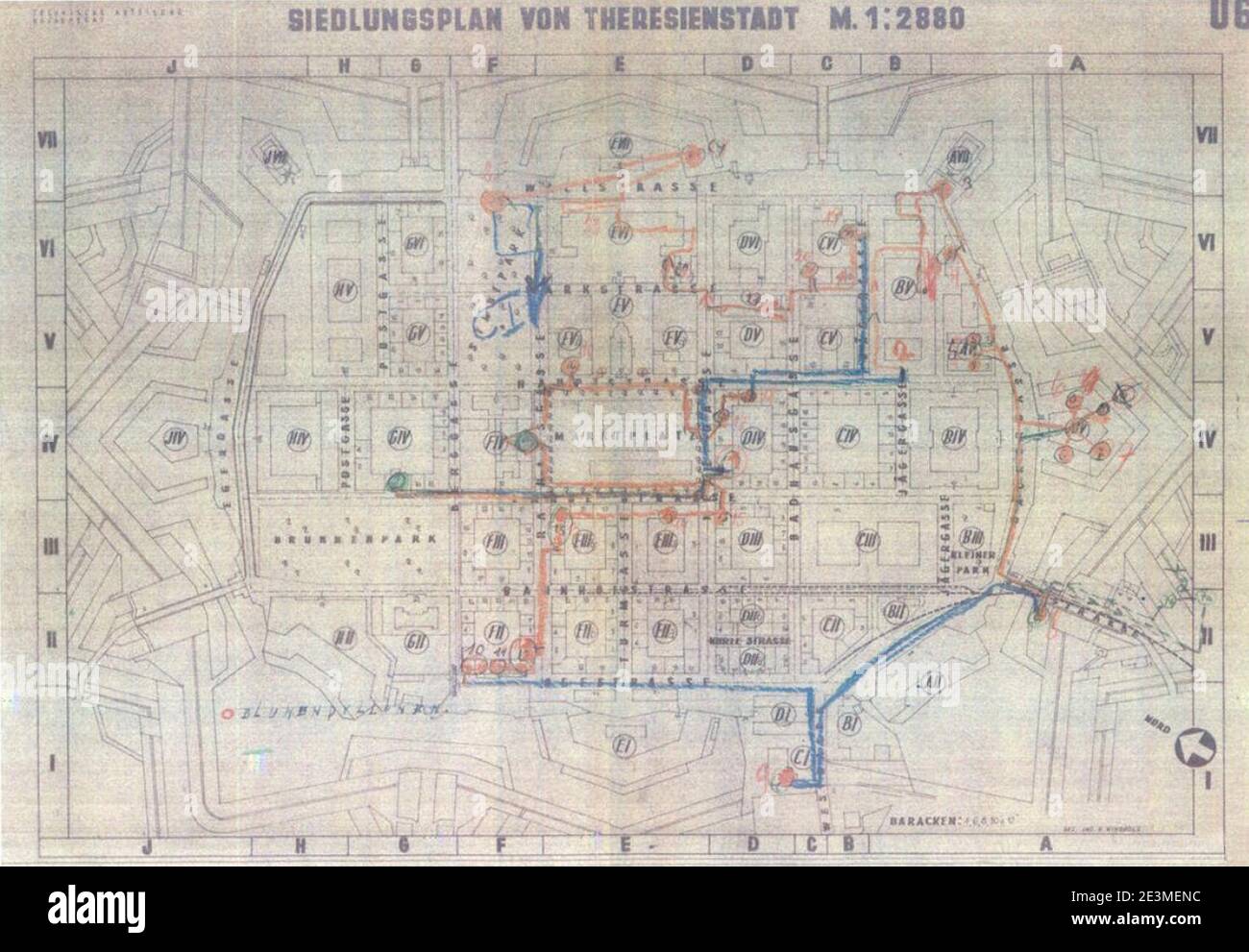 Map of Theresienstadt with plan of the visit of the international ...
