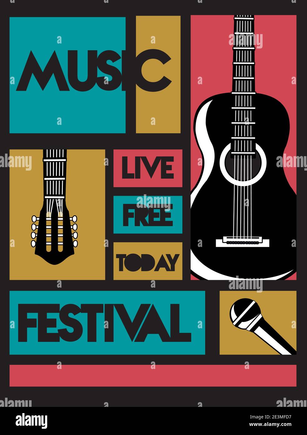 music festival lettering poster with guitar and microphone vector ...