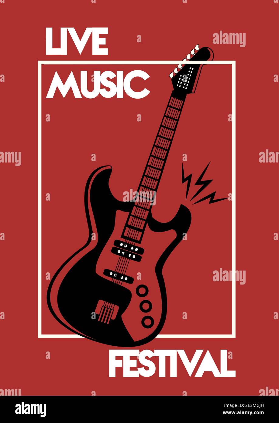 live music festival lettering poster with electric guitar in red ...