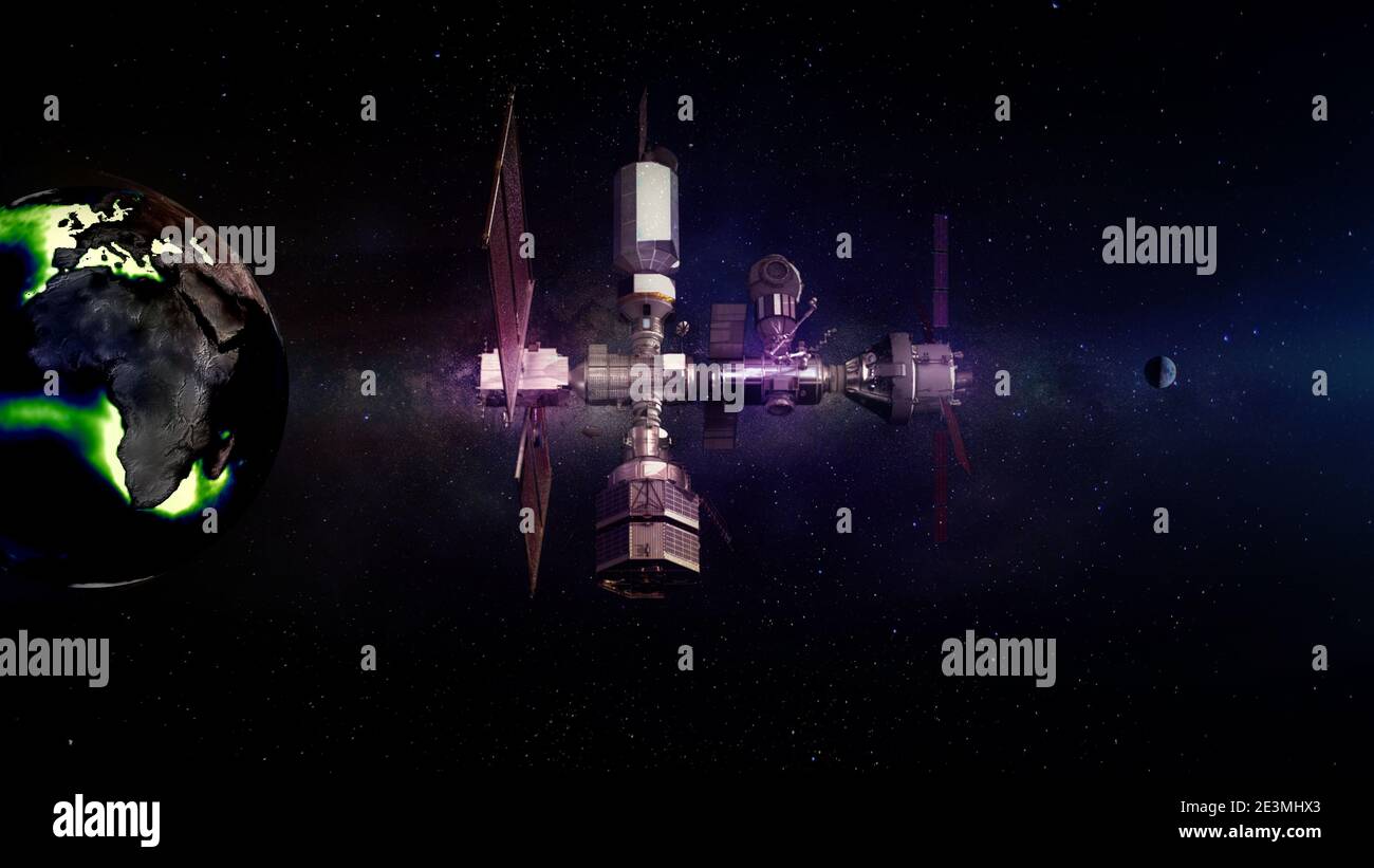 Space station in space between the Moon and Earth. Elements of this ...