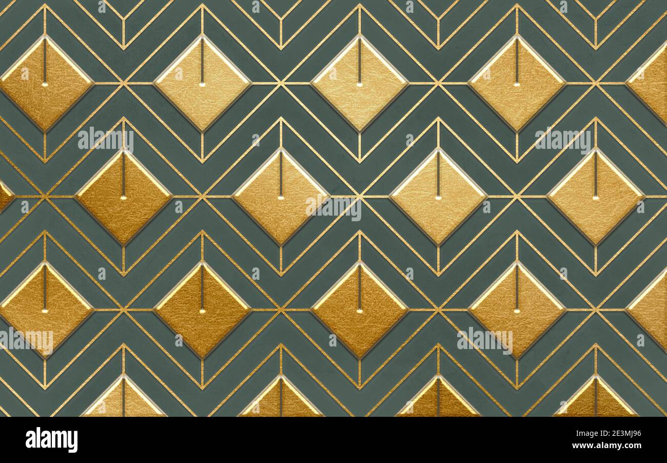 3d geometric illustration, green background and gold rhombuses Stock ...