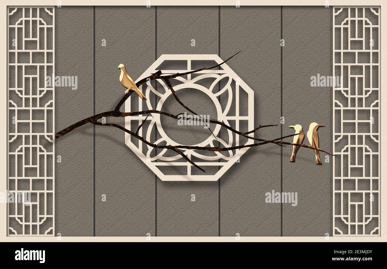 3d illustration, dark ornamental background, beige rectangular and ...