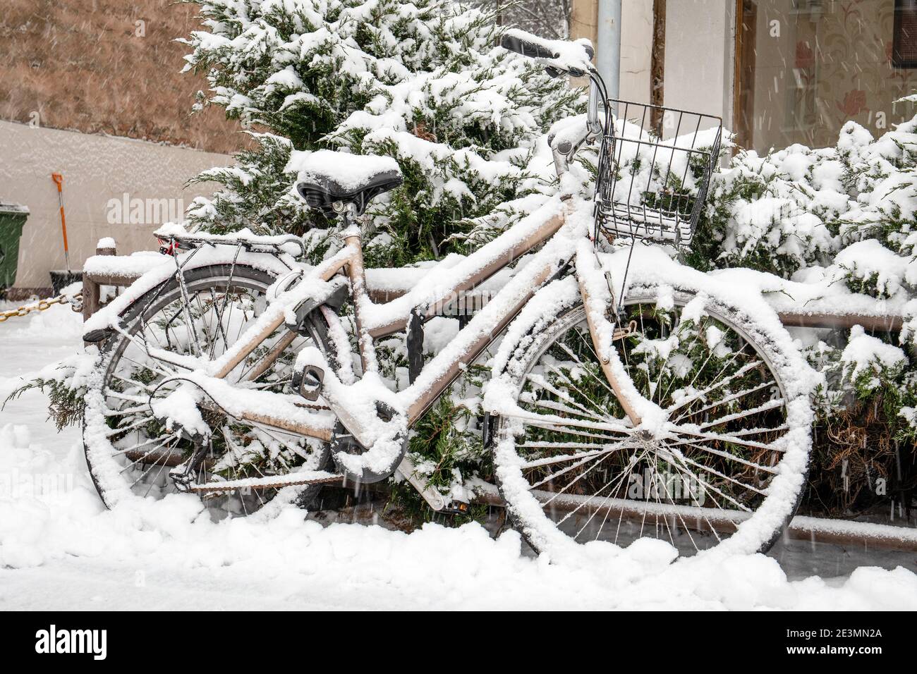 Snowy bike. Snowdrifts and snowfall. Vehicle and urban mobility Stock ...