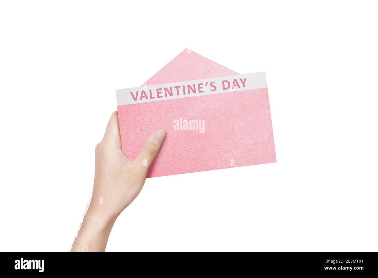 Human hand holding opened pink envelope with Valentines Day text ...
