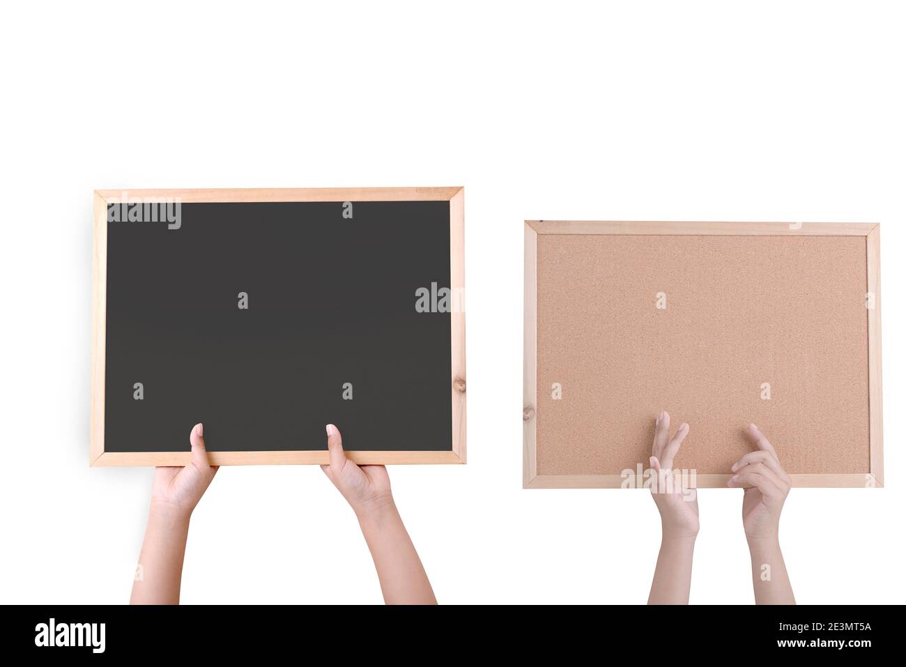 Human hand holding a brown cork board in a frame and blackboard ...