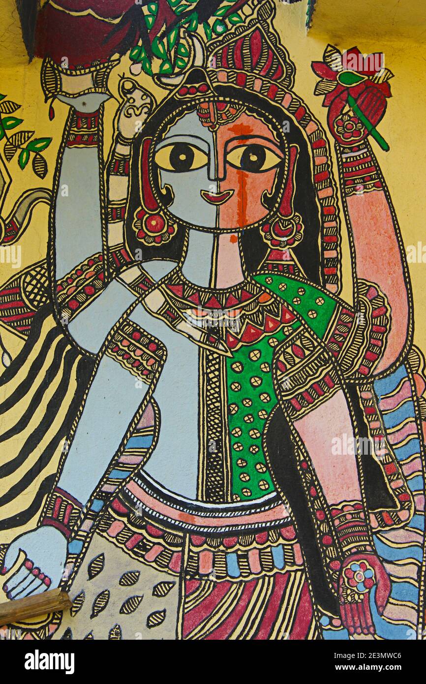 Painting of Ardhanarishwara on wall, Madhubani, Bihar, India Stock ...